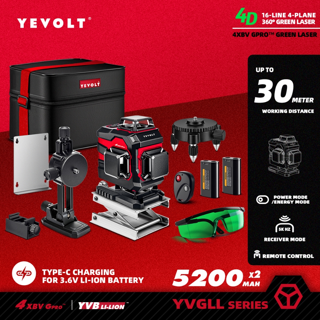 YEVOLT YVGLL4XS16 Full Layout 16-Line Grade Laser Level Smart Line ...