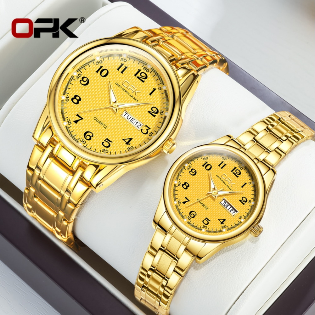 OPK Watch Couple Original Waterproof Luminous Calendar Gold Quartz ...