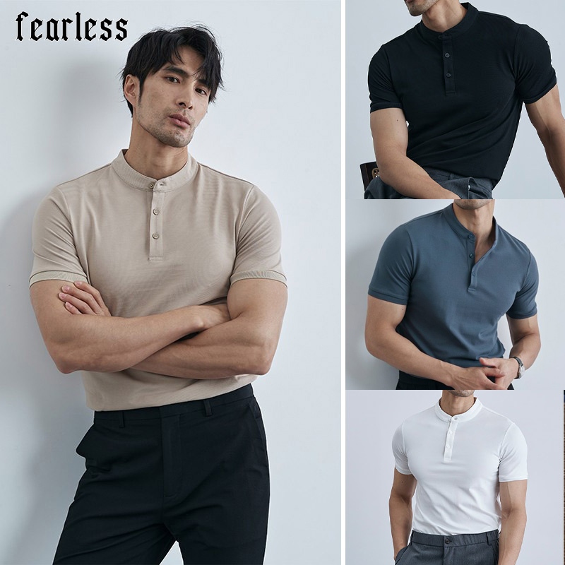 FEARLESS Premium Chinese Collar Polo Shirts for Men Plain Short Sleeve ...