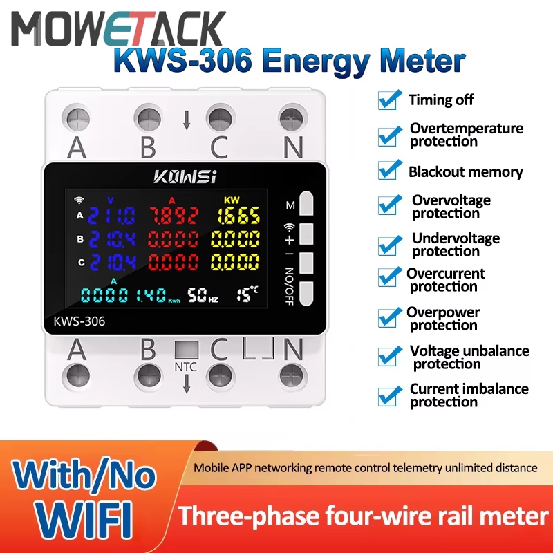 KWS-306 Power Meter 3 Phase 4 Wire Color Screen Multi-function AC 85 ...