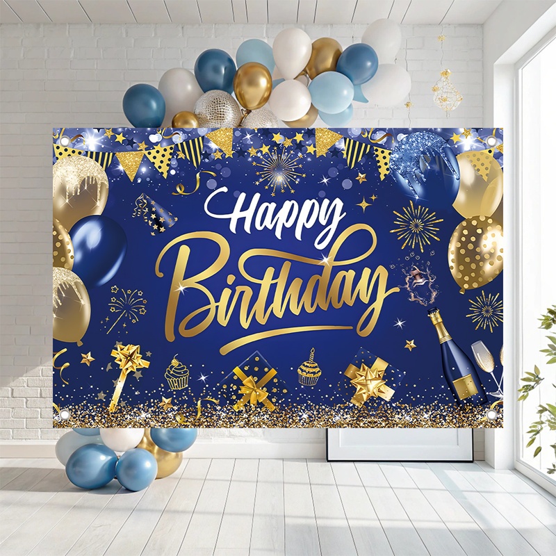 150*100Cm Birthday Banner Blue Gold Happy Birthday Backdrop For Birthday Party Needs Party ...