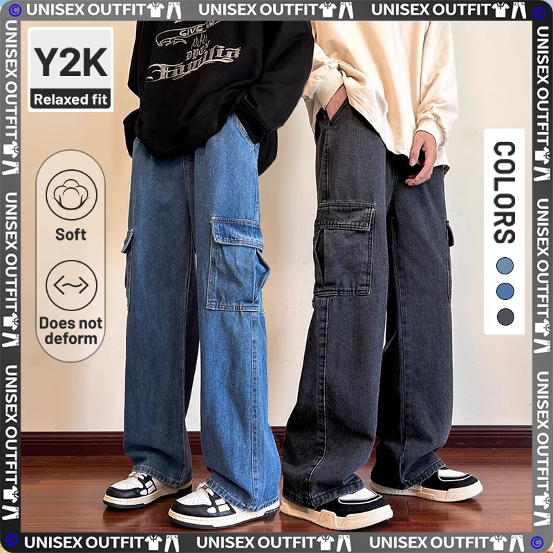 Baggy Jeans Cargo maong cargo pants straight wide leg korean style ...