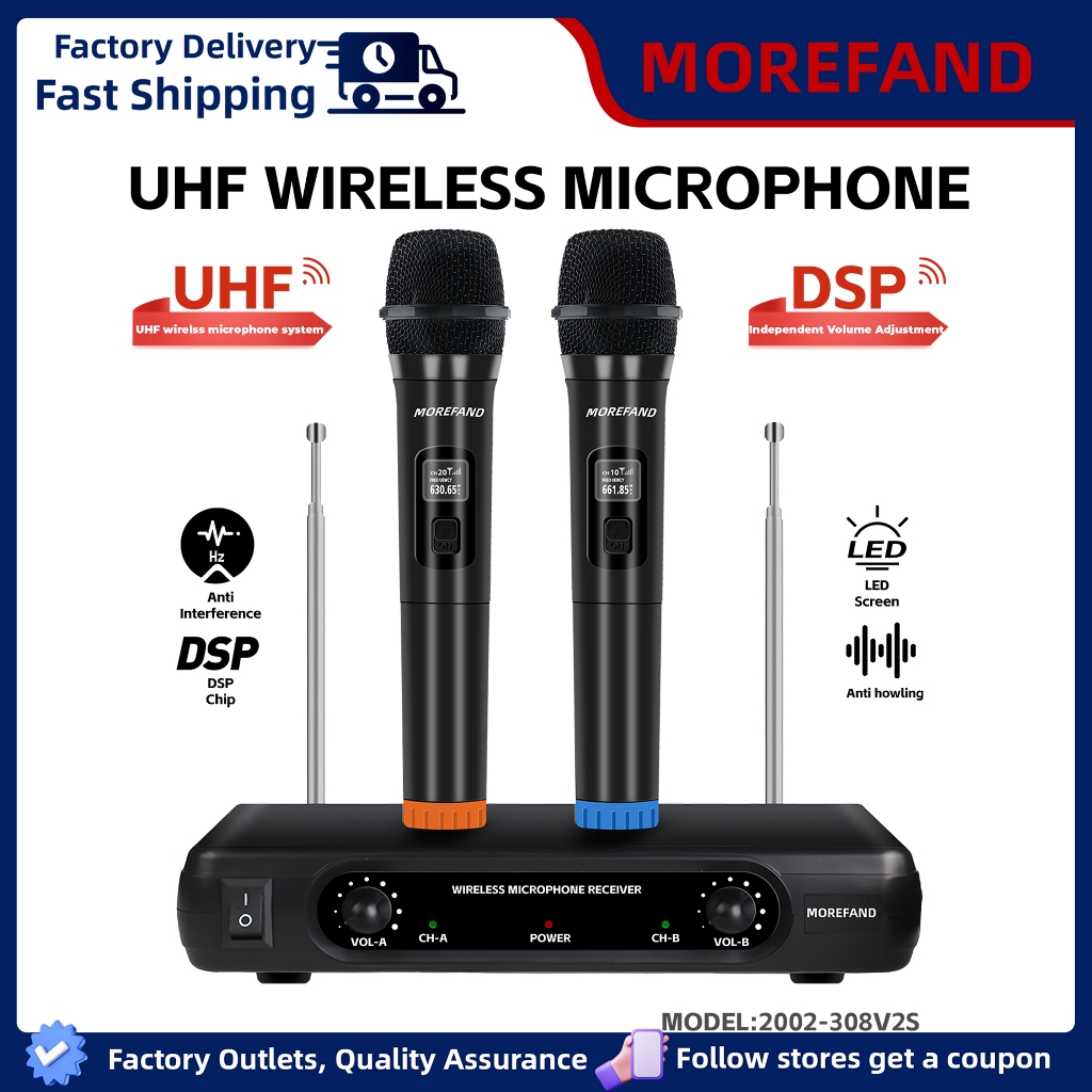 Professional wireless microphone UHF One to Two 2 Handheld Microphones ...