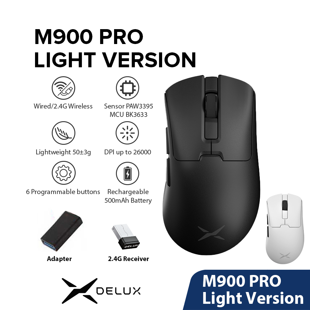 Delux M900 PRO-Light Version Gaming Mouse PAW3395 26000DPI Wired 2.4G Wireless Rechargeable ...