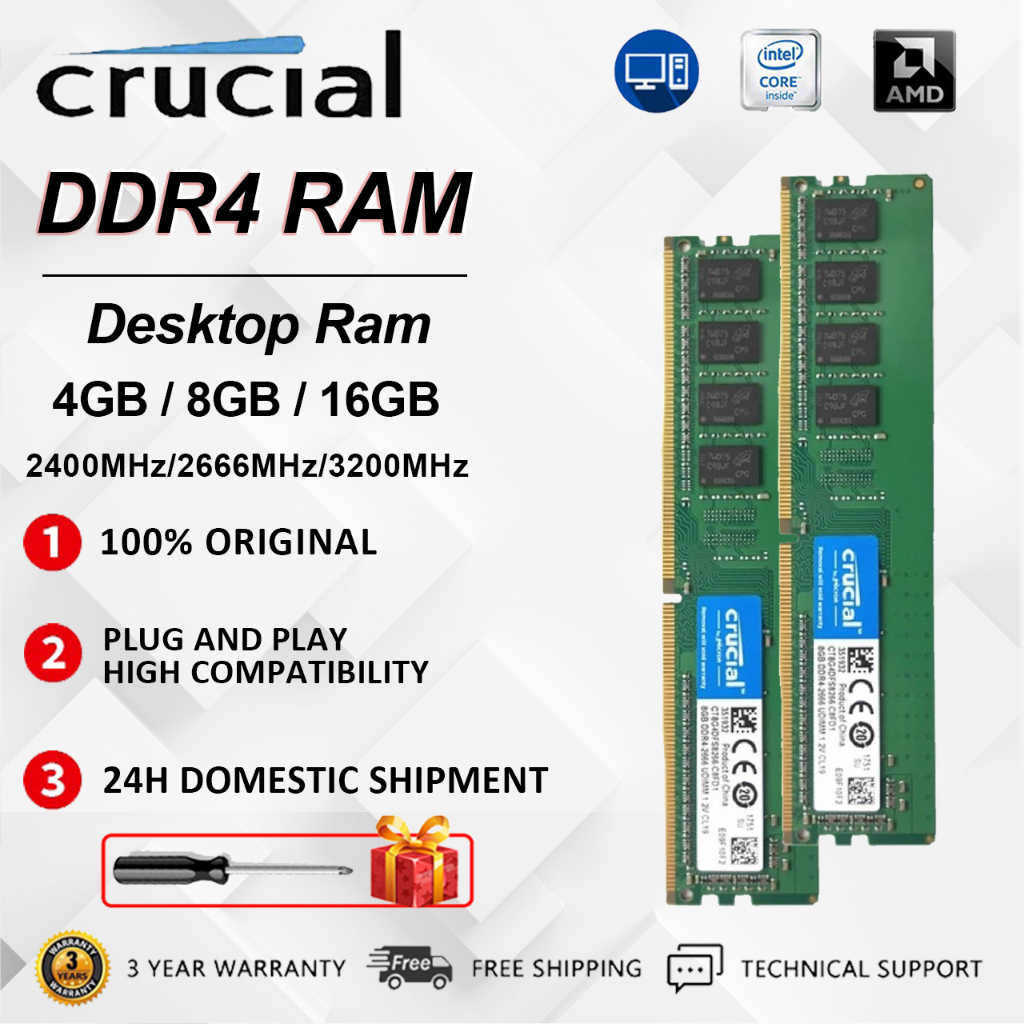 Crucial DDR4 RAM 2Rx8 Desktop 4GB 8GB 16GB 2400MHz 2666MHz 3200MHz PC4-19200 PC4-21300 PC4-25600 ...