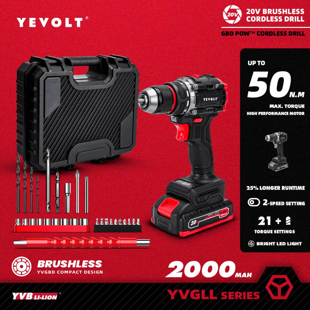YEVOLT YVGBD20DU2 20V ECM Motor Brushless Electric Impact Cordless ...