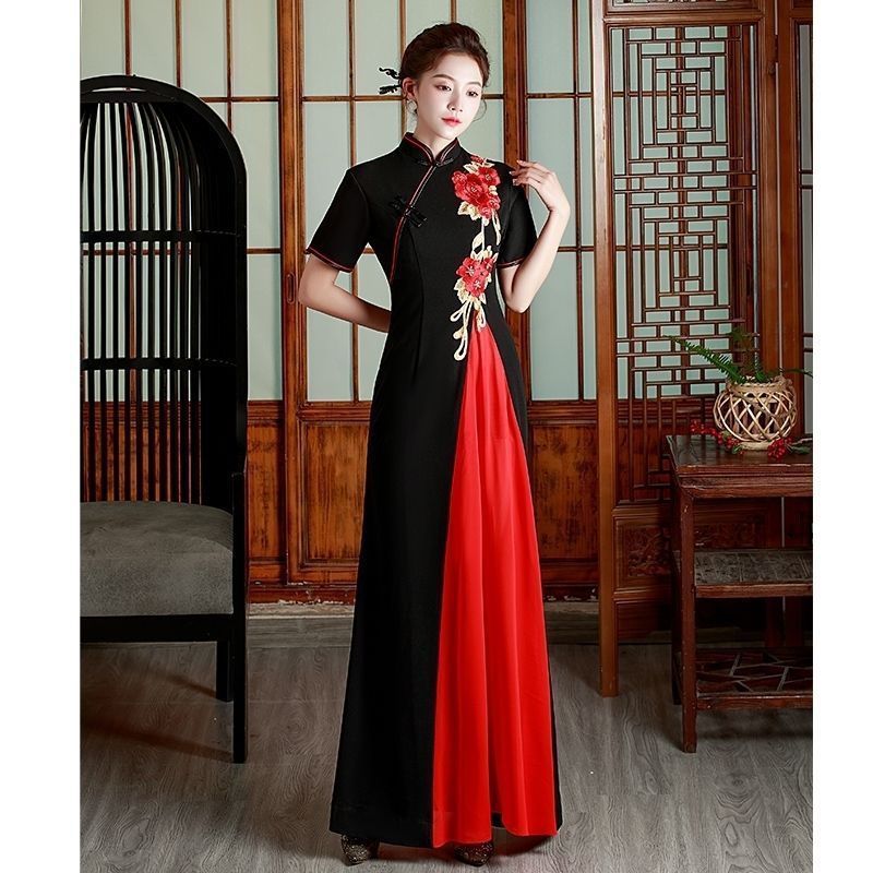 Chinese Style Black Cheongsam Robe Harajuku Dragon Embroidery Dress ...