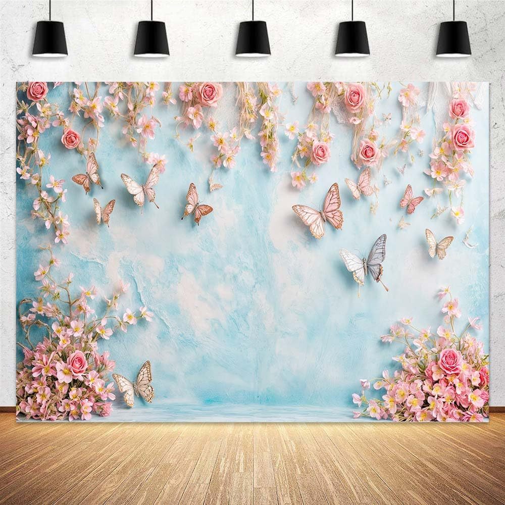 7x5ft Butterfly Floral Backdrop Birthday Colorful Flowers Photo ...