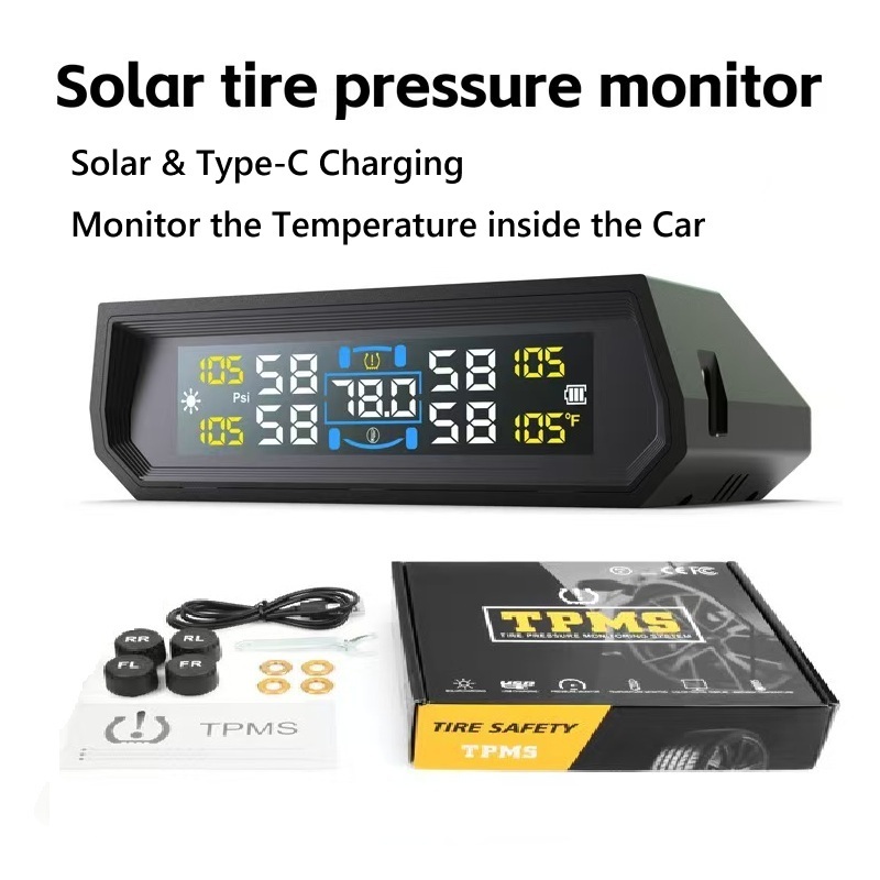 Tpms Wireless Tire Pressure Monitoring System Solar Car Tyre Pressure Alarm Lcd Display