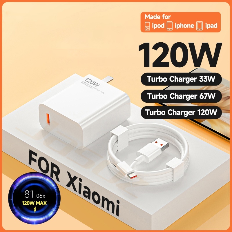 120W Xiaomi Turbo Fast Charger with 6A 1M/2M 90° Elbow USB C Cable for ...