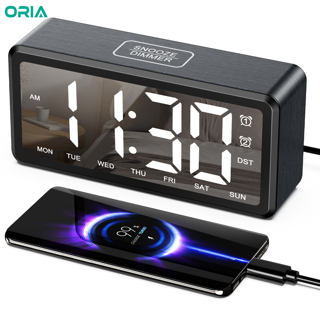 ORIA Wooden Alarm Clock Bedside Loud Alarm Clock with 5 Brightness ...