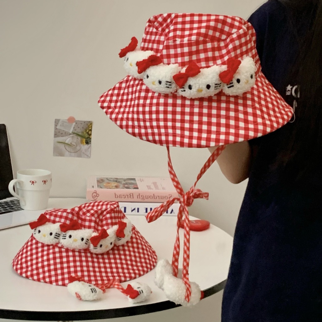 Cute red checkered Kitty bucket hat big brim cat hat | Shopee Philippines