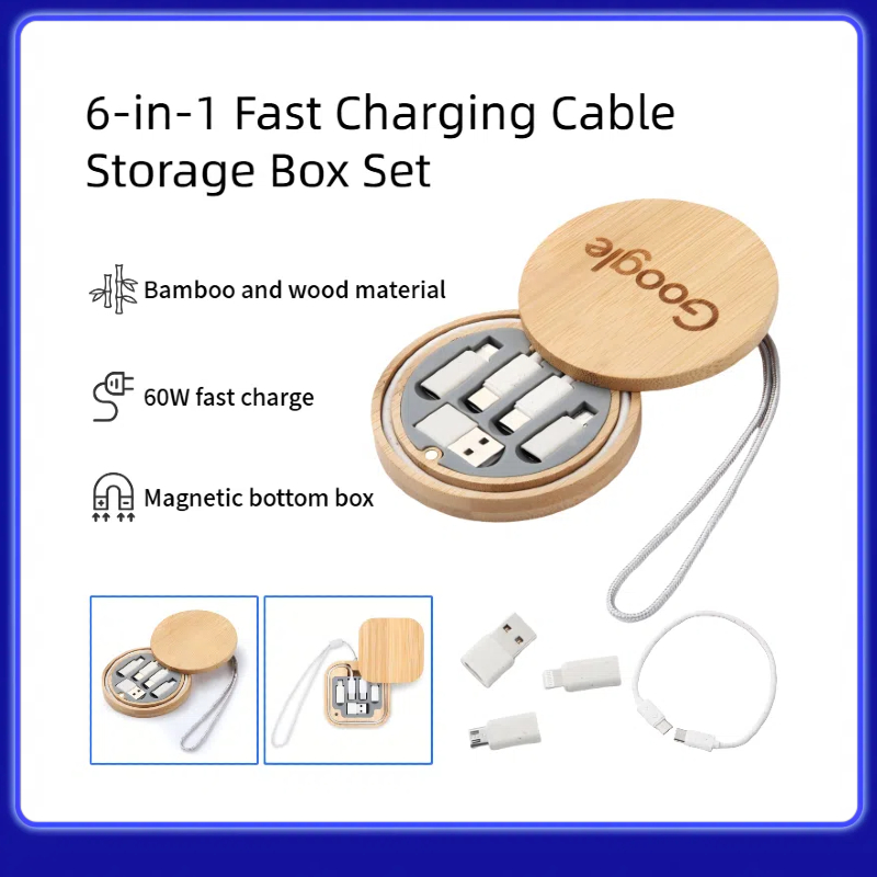 6 in 1 60W Bamboo Wood Fast Charge Cable Storage Box Set Dual-End Type ...