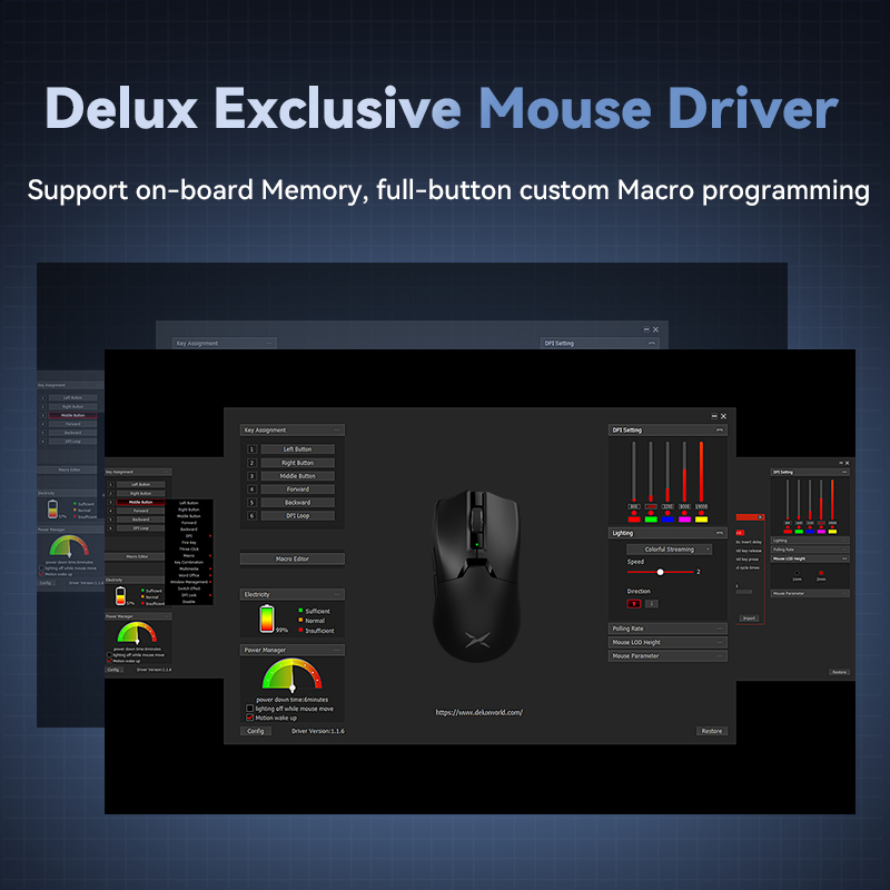 Delux M800 PRO PAW3395 Gaming Mouse DPI MAX 26000 Wired 2.4G Bluetooth Wireless Rechargeable ...