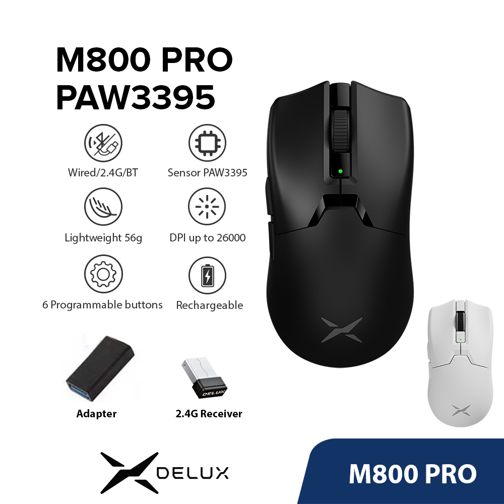 Delux M800 PRO PAW3395 Gaming Mouse DPI MAX 26000 Wired 2.4G Bluetooth Wireless Rechargeable ...