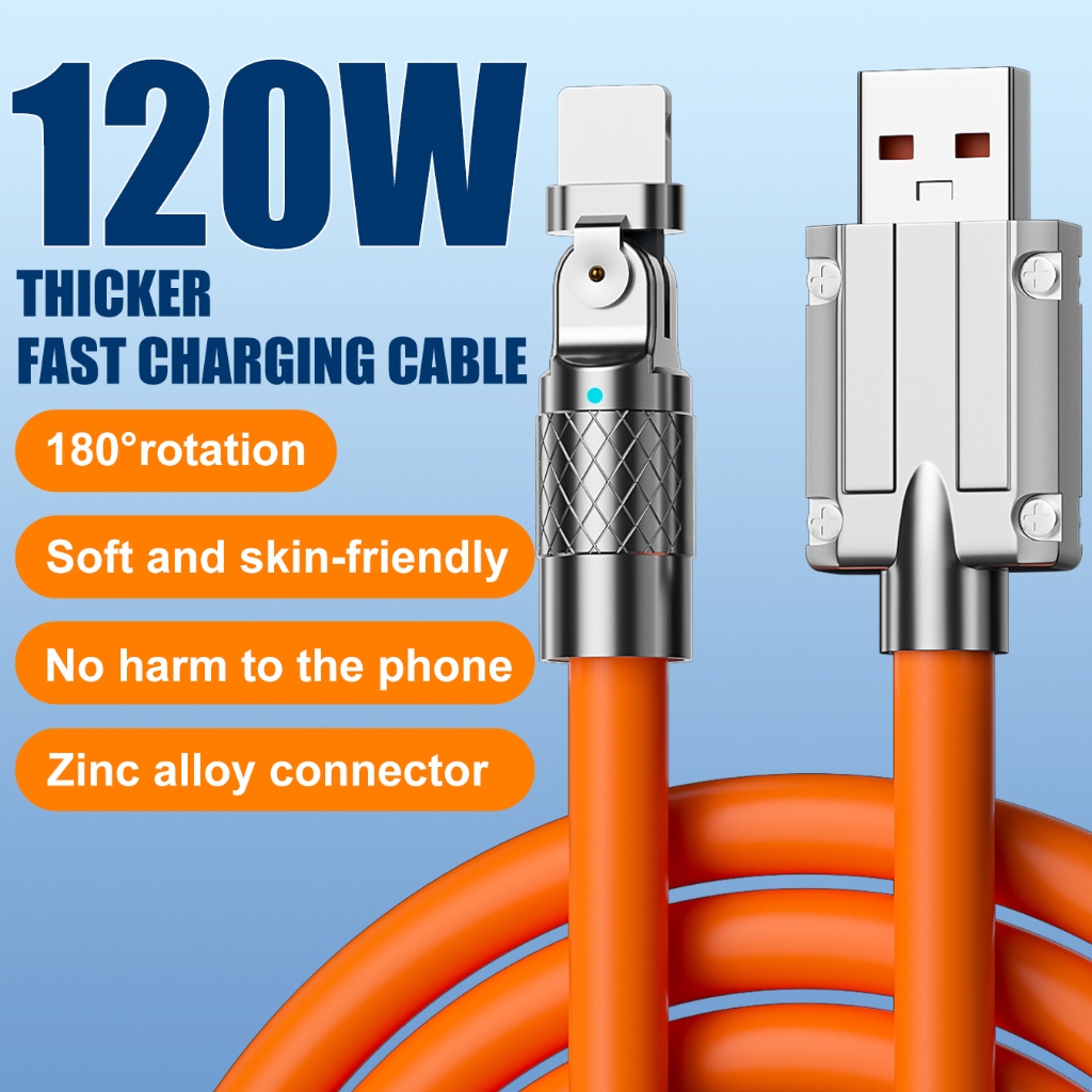 120W 6A Rotate Super Fast Charging Usb Cable Zinc alloy Liquid Silicone ...