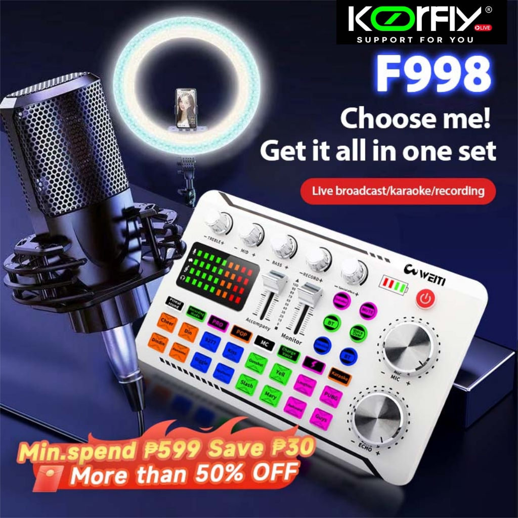 Koorfly White F998 Pro Sound Card Live Sound Card Special Equipment Set With Microphone For ...