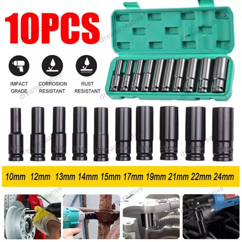 1/2Inch Drive 6-Point Impact Socket Set 10-Piece Metric Sizes 10-24mm ...