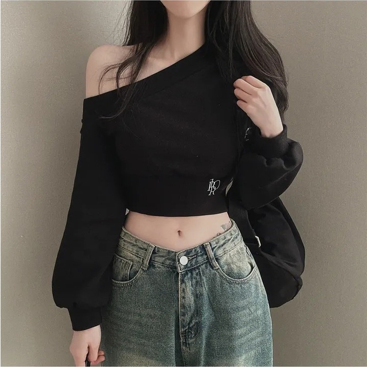 Korean Style Sexy Crop Tops Plain Fashion Long Sleeve Off Shoulder Top ...