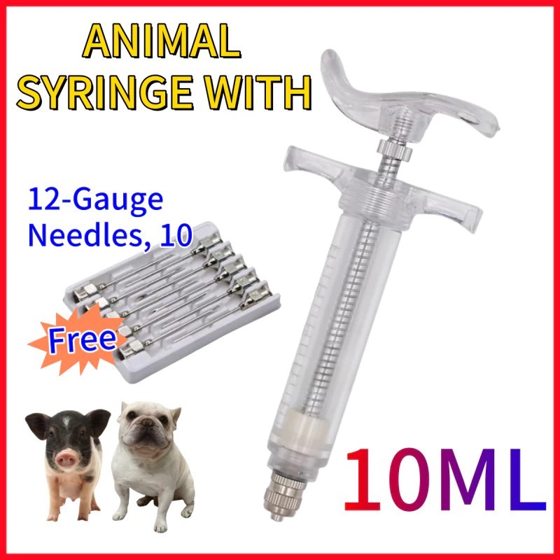 10ML Animal Syringe with 1 Dozen Assorted Needles for Pig Farm Animal ...