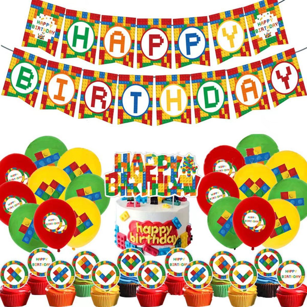 Toy Bricks Theme Party Decoration Set Kids Block Banner Cake Topper ...