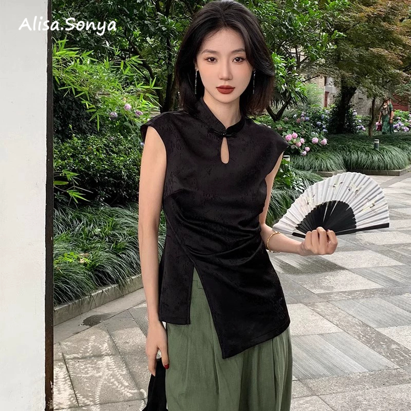 Alisa.Sonya Casual Plain Pleated Button Front Tank Top Slim Elegant ...