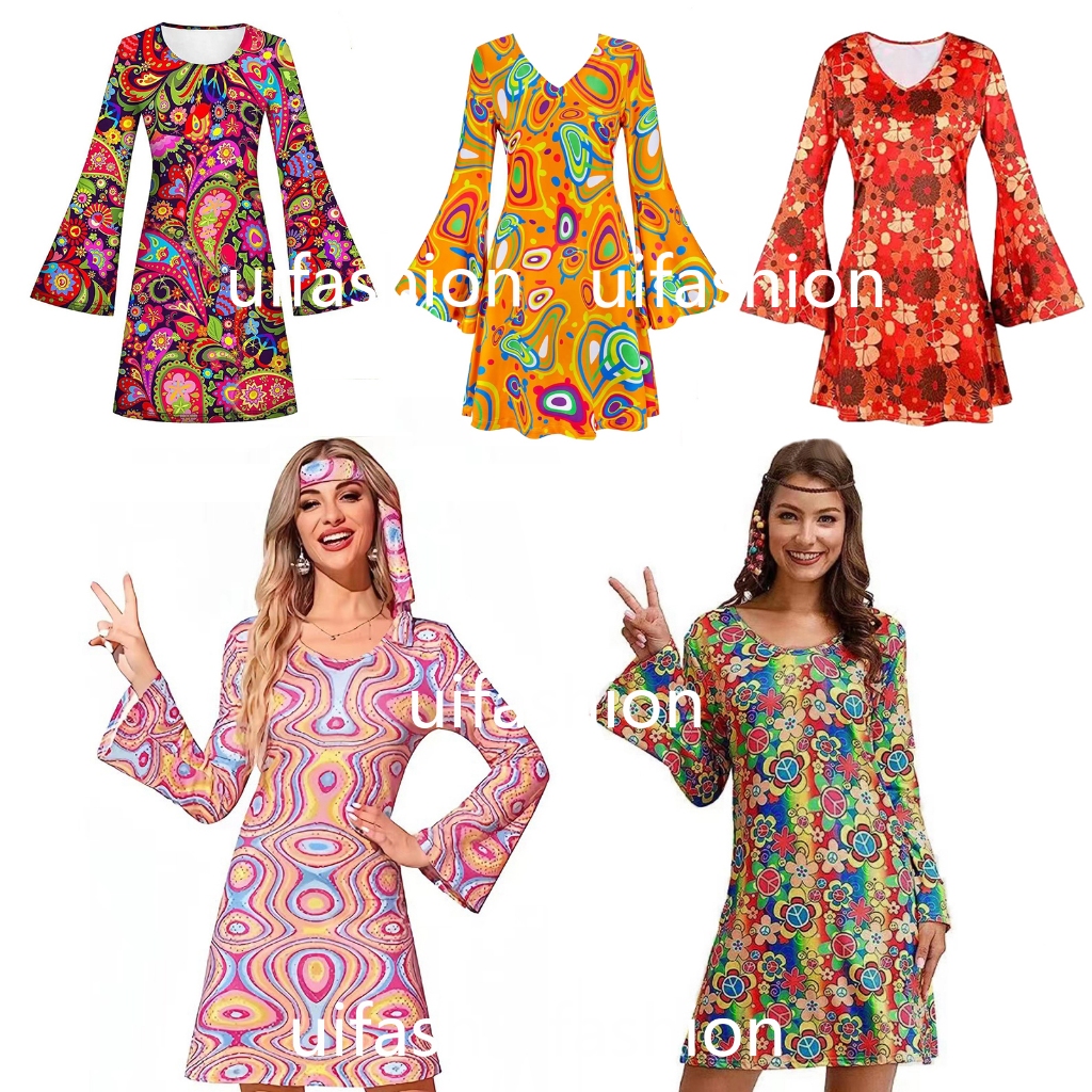 70s Women's Hippie Costume Retro Print Flared Sleeve Dress with ...