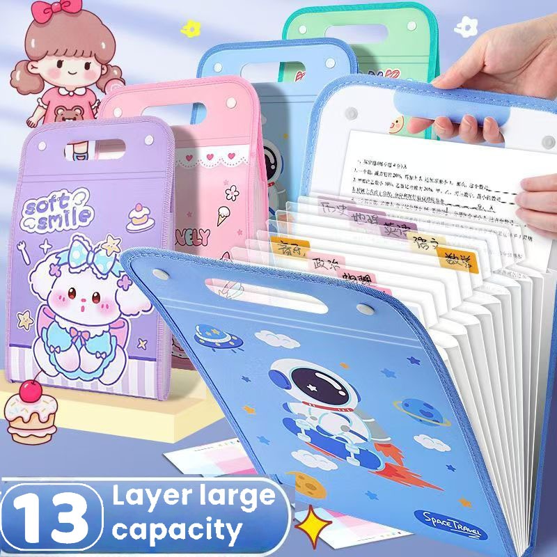 Cartoon Handle Folder 13-Layer Long File Organizer Expanding File ...