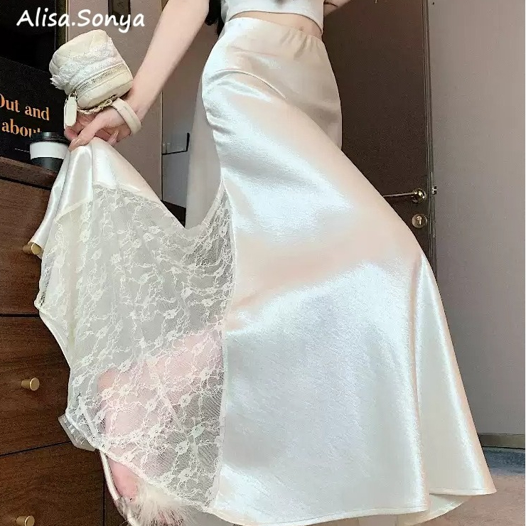 Alisa.Sonya Women Mature Lace French Satin Skirt High Waist Slimming ...