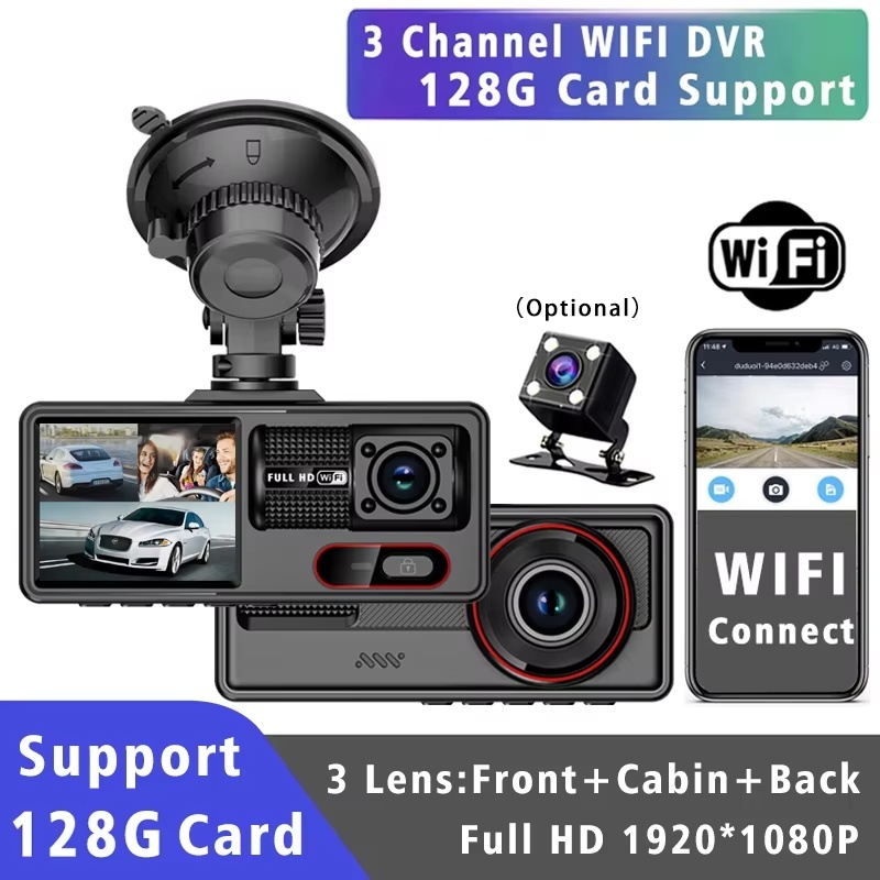 3 Camera Dash Cam For Car Camera FHD 1080P Video Recorder WIFI Car DVR ...