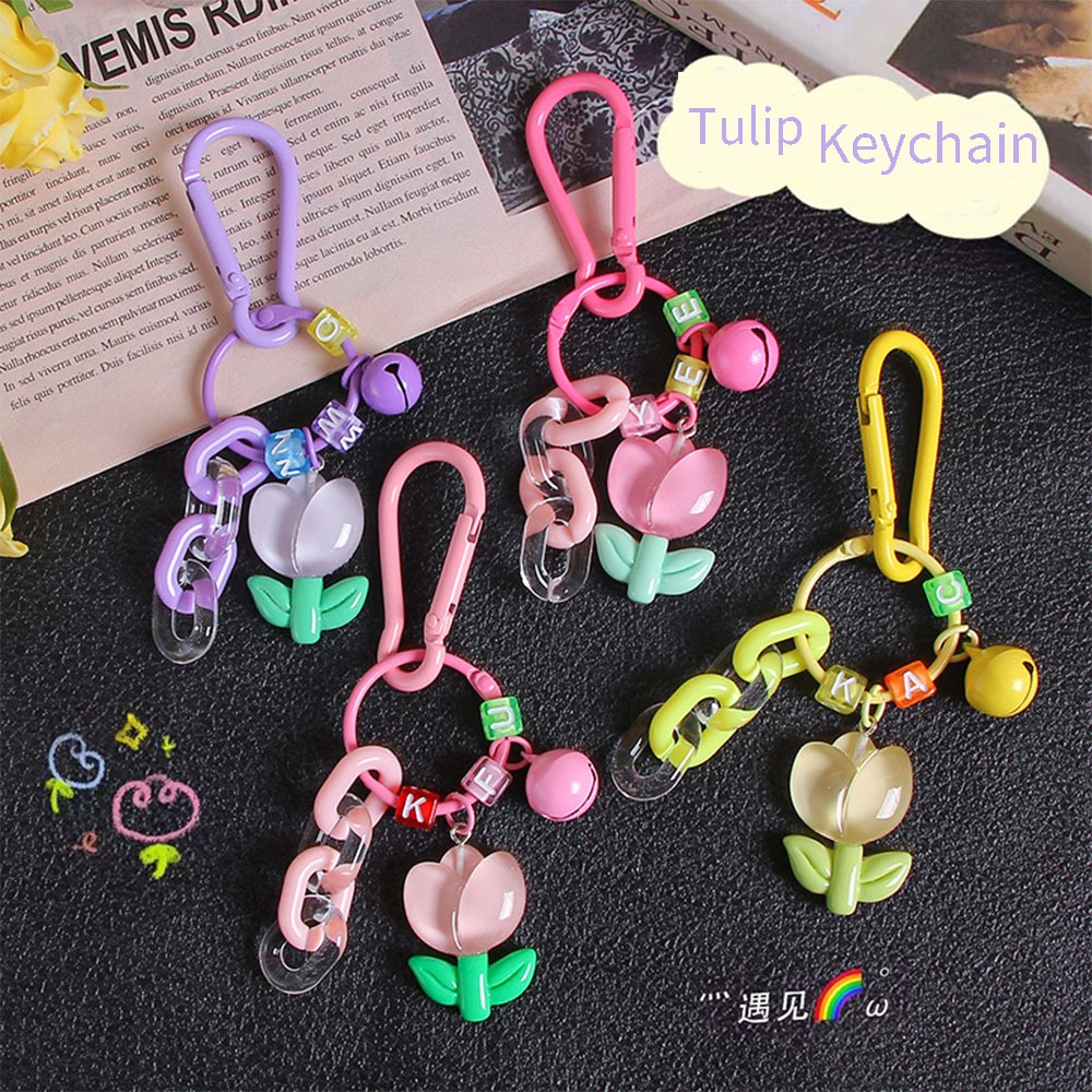 Cute Tulip Keychain Colorfuly Acrylic Beads Tassel Key Ring With Letter ...