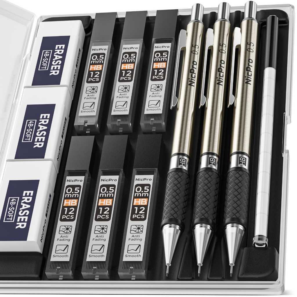 Nicpro 3 PCS 0.5/0.7/0.9 mm Art Mechanical Pencils Set in Storage Case ...