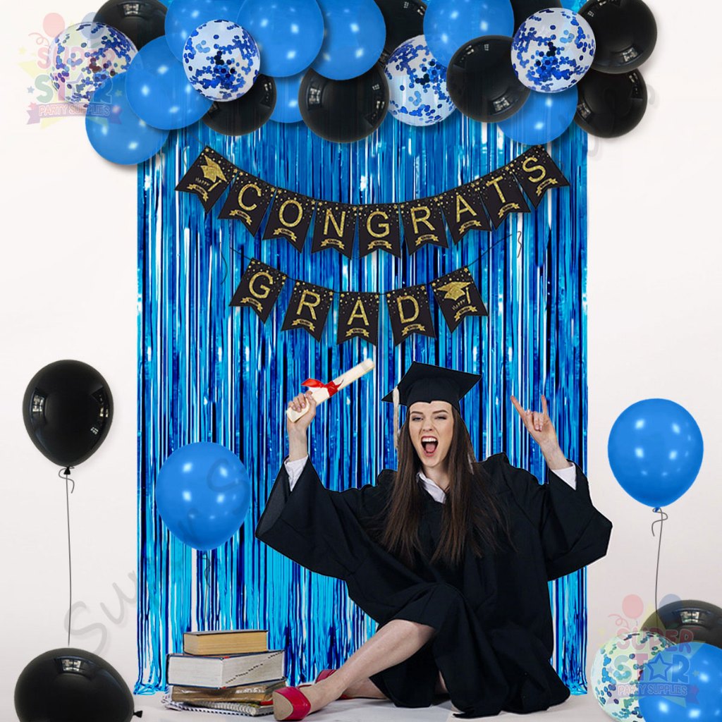 27pcs/Set Blue Graduation Balloon Set Foil Curtain Latex Confetti ...