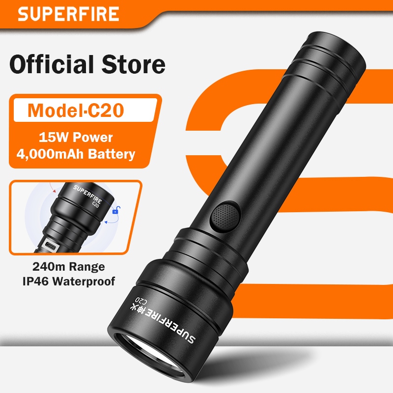SUPERFIRE C20 Flashlight High Power Rechargeable Flashlights Super Bright LED Powerful Torch ...