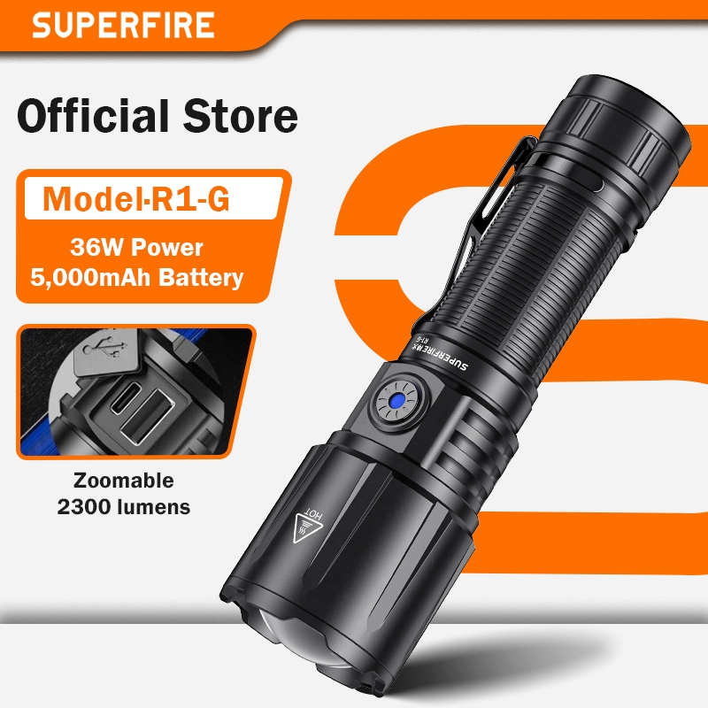SUPERFIRE R1-G 36W High Power LED Flashlights Zoom Type-c Rechargeable 5000mAh Portable Torch ...