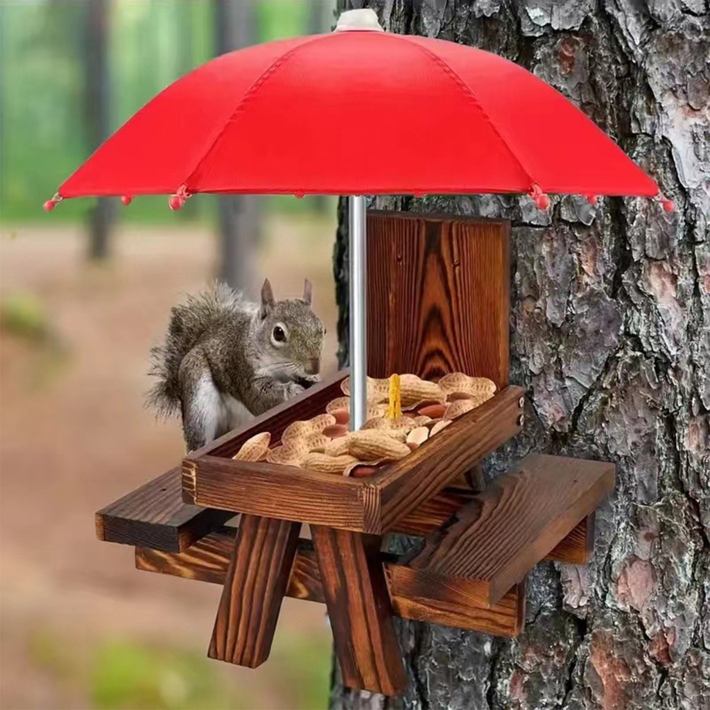 Squirrel Feeder Outdoor animal Wooden Pet Dining Table With Bench an umbrella Bracket Feeding ...