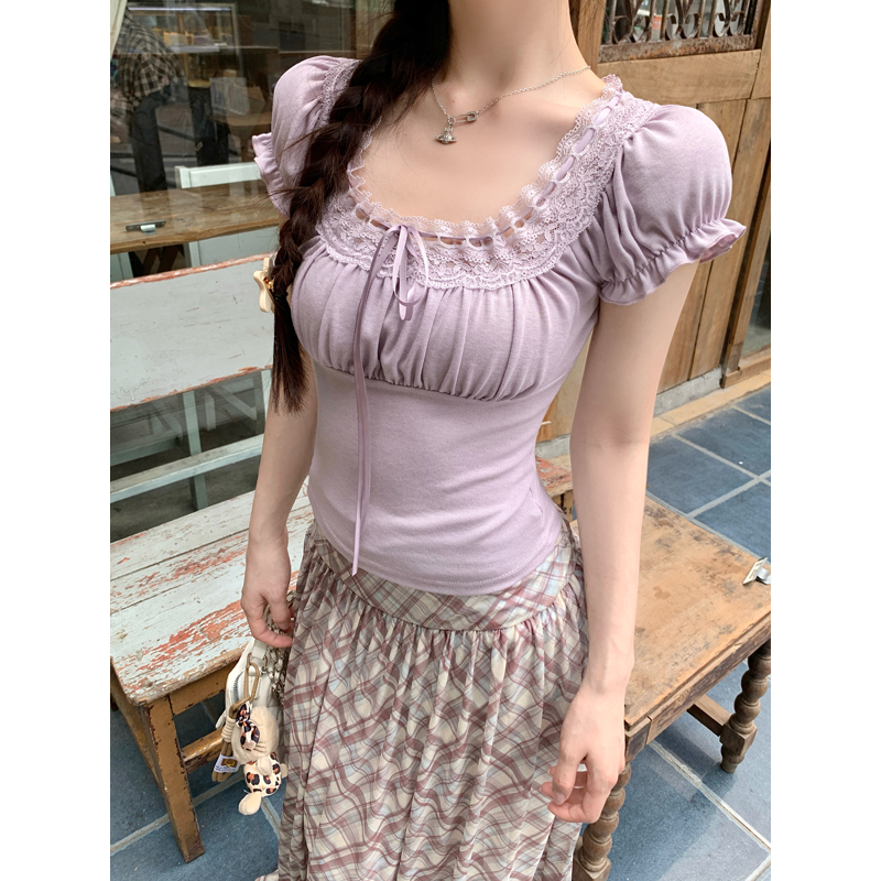 87773 Lace Drawstring Pleated Slim-fit Short Top | Shopee Philippines