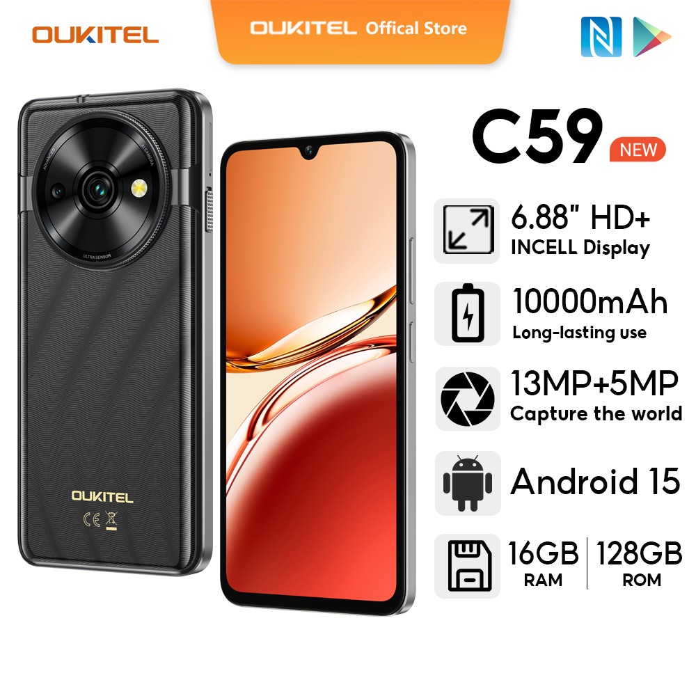 OUKITEL C59 16GB+128GB Mobiles 10000mAh 6.88” HD+ 90Hz Screen 13MP+5MP Camera 120-Lumen ...