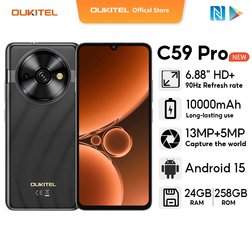OUKITEL C59 PRO 24GB+256GB Mobiles 10000mAh 6.88” HD+ 90Hz Screen 13MP+5MP Camera 120-Lumen ...