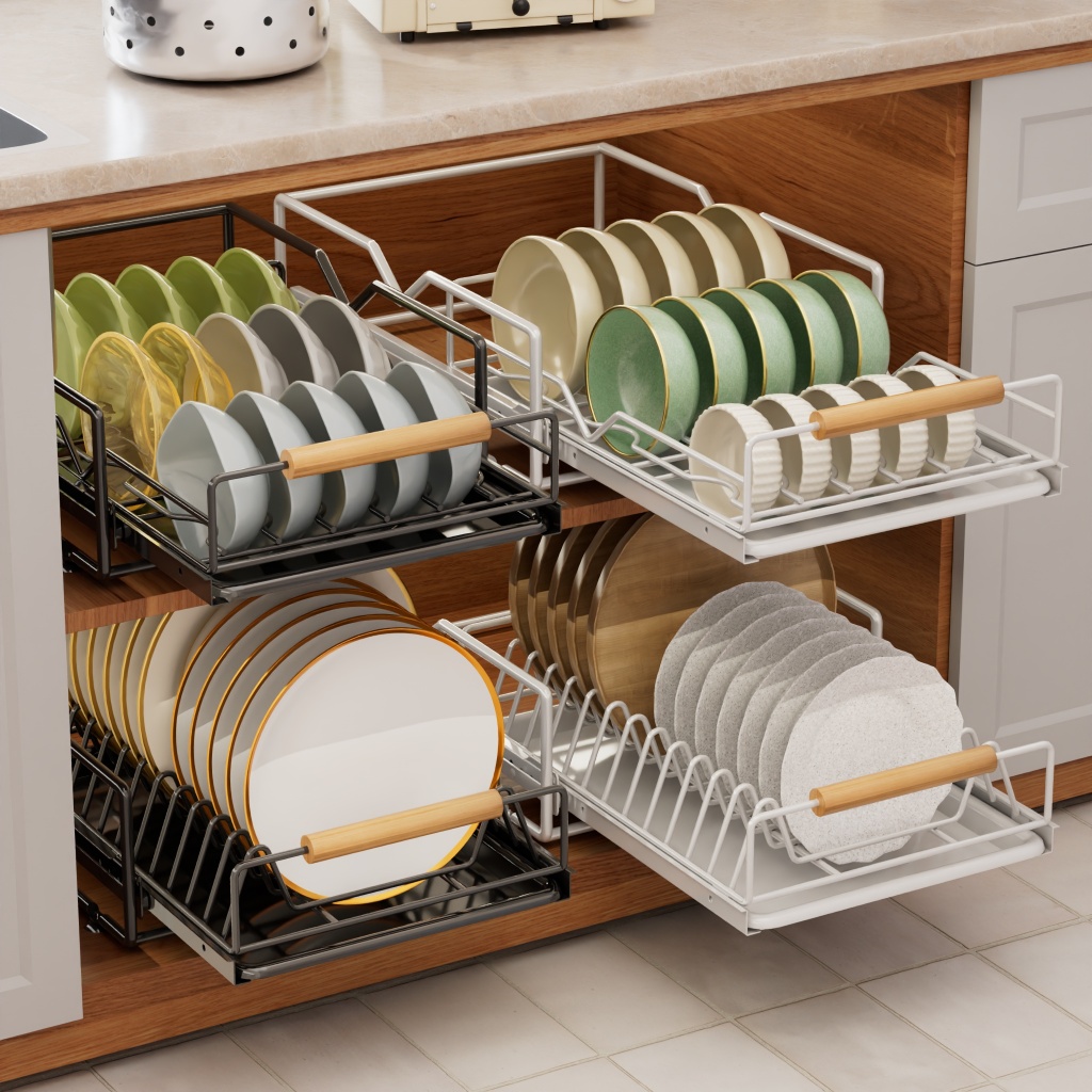 White Kitchen Dish Rack Pull Out Basket For Kitchen Cabinet Plate ...
