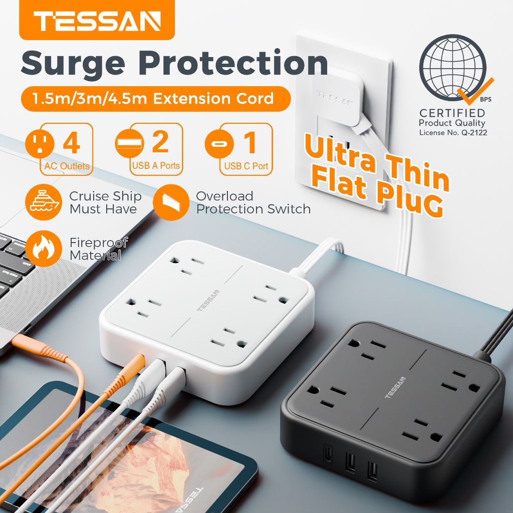 TESSAN Extension Wire with USB+Type C,Flat Plug Power Strip Portable ...