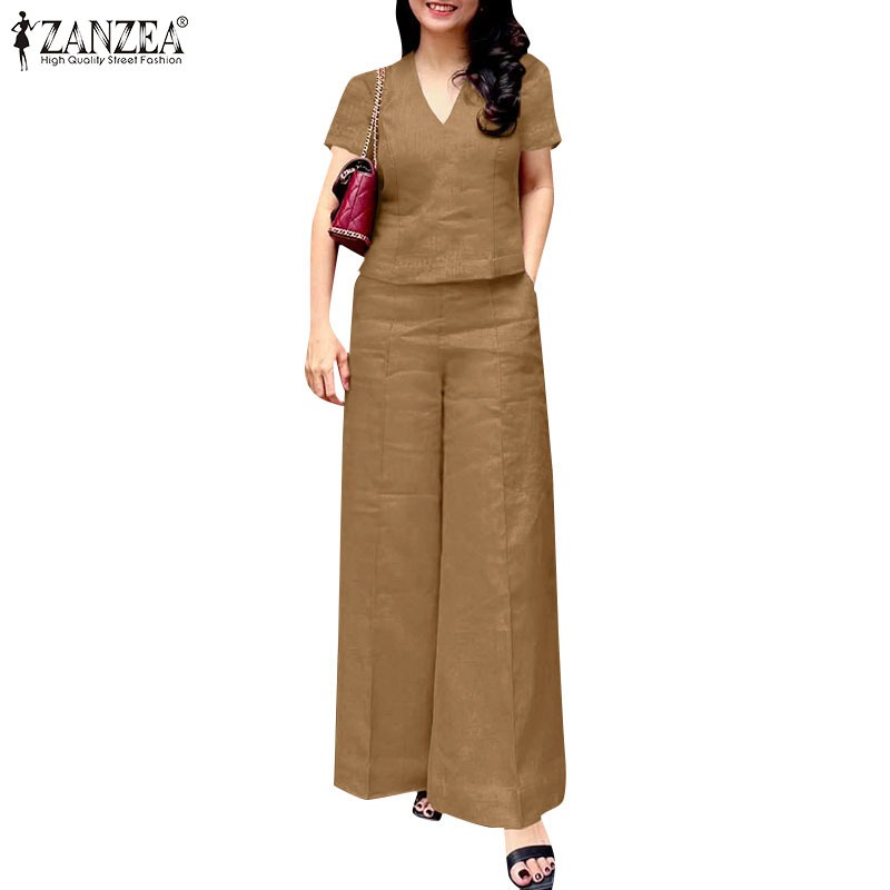 ZANZEA Women Korean Ladylike V Neck Raglan Sleeve High Waist Wide Leg Two-Piece Outfits Presale ...