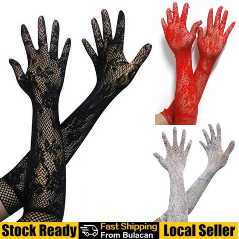 Women Sexy Stretch Lace Prom Gloves Mesh Jacquard Finger Wedding Gloves ...