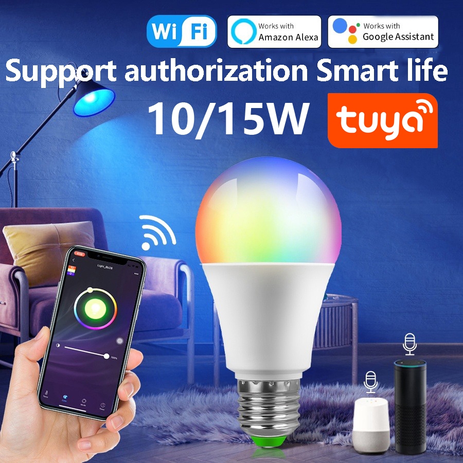 15W Tuya WiFi E27 Smart Dimmable Bulb RGBCW Light Smart Life App Works ...