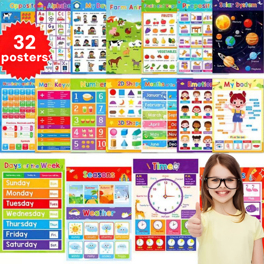 16pcs Chart For Kid Educational Set Wall Numbers Alphabet Colors Chart ...