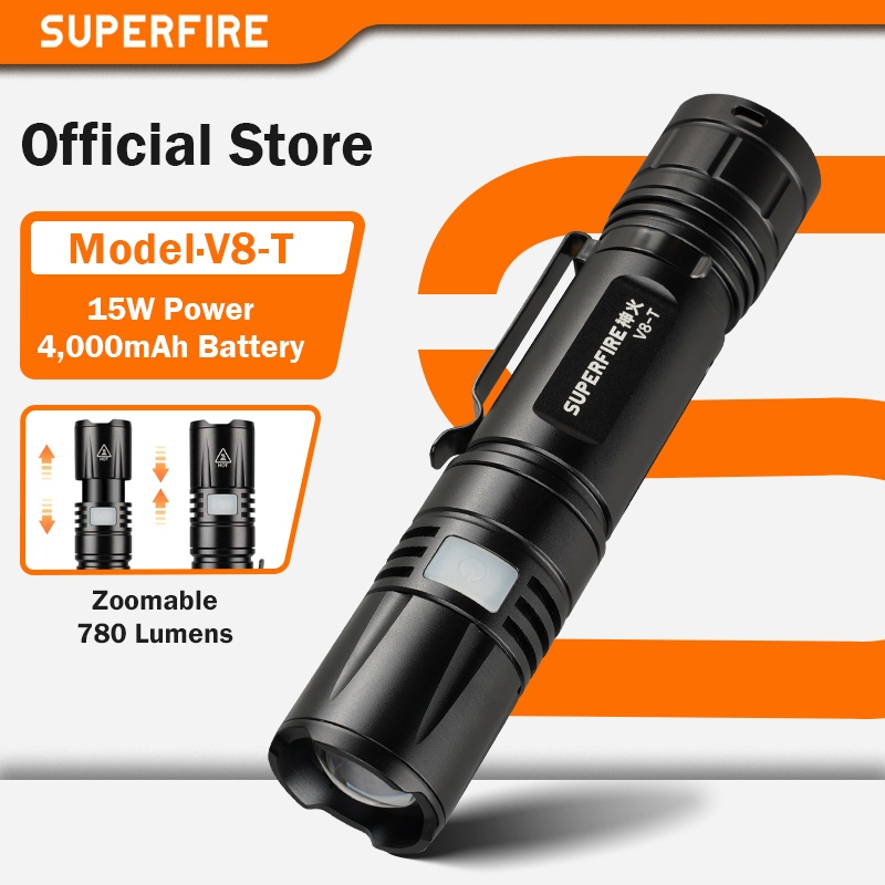 SUPERFIRE V8-T Zoomable Flashlight 15W Super Bright TYPE-C Rechargeable ...