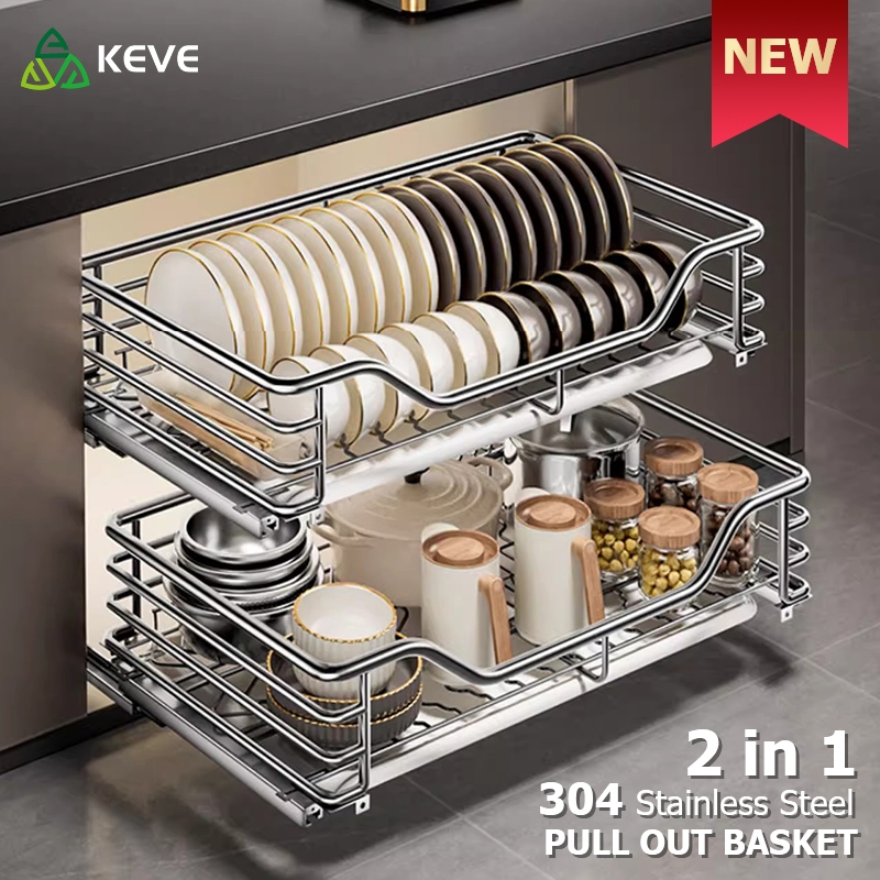 KEVE Pull Out Dish Rack Stainless Pull Out Kitchen Organizer Full Out ...