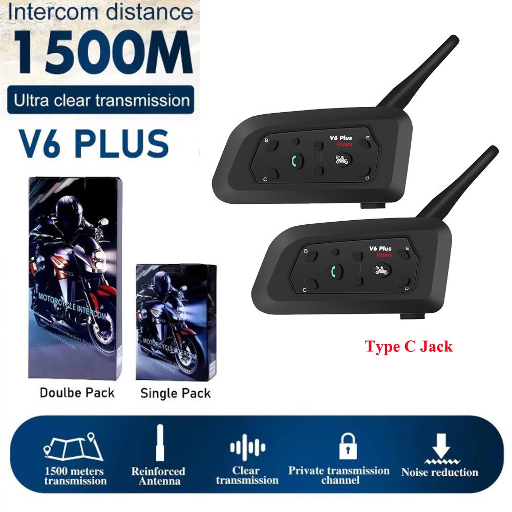 Type C Jack V6 Plus Helmet Intercom 6 Riders 1500M Motorcycle Bluetooth ...