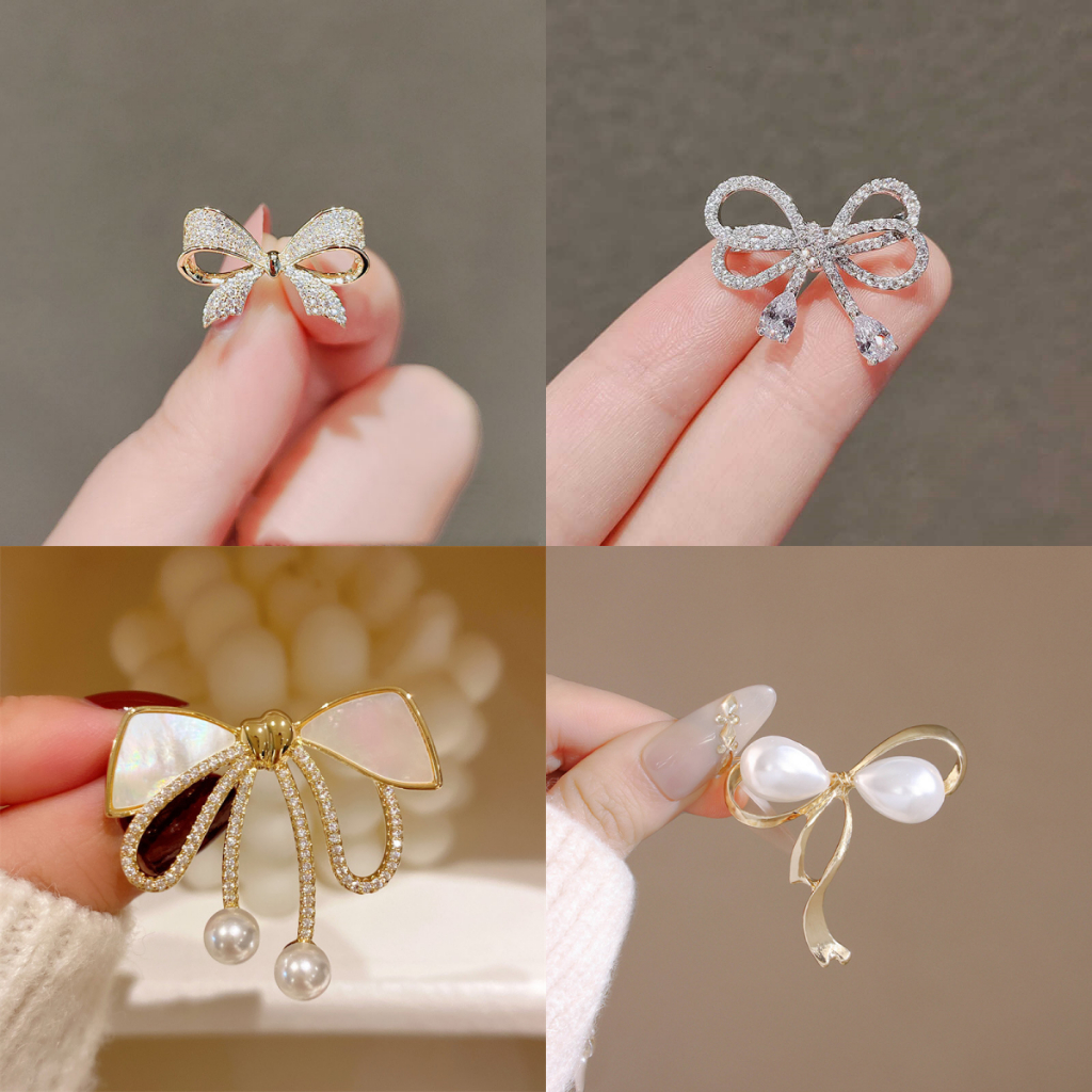 Crystal Bow Brooch Pin White Pearl Bowtie Ribbon Lapel Pin Rhinesonte ...