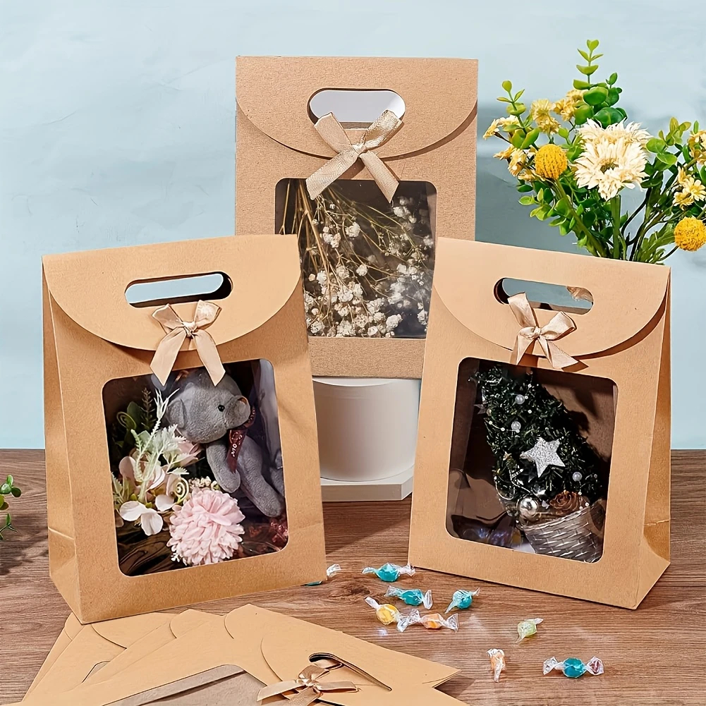 5pcs Kraft Paper Gift Bags With Window Bow knot Loot Bag For Birthday ...